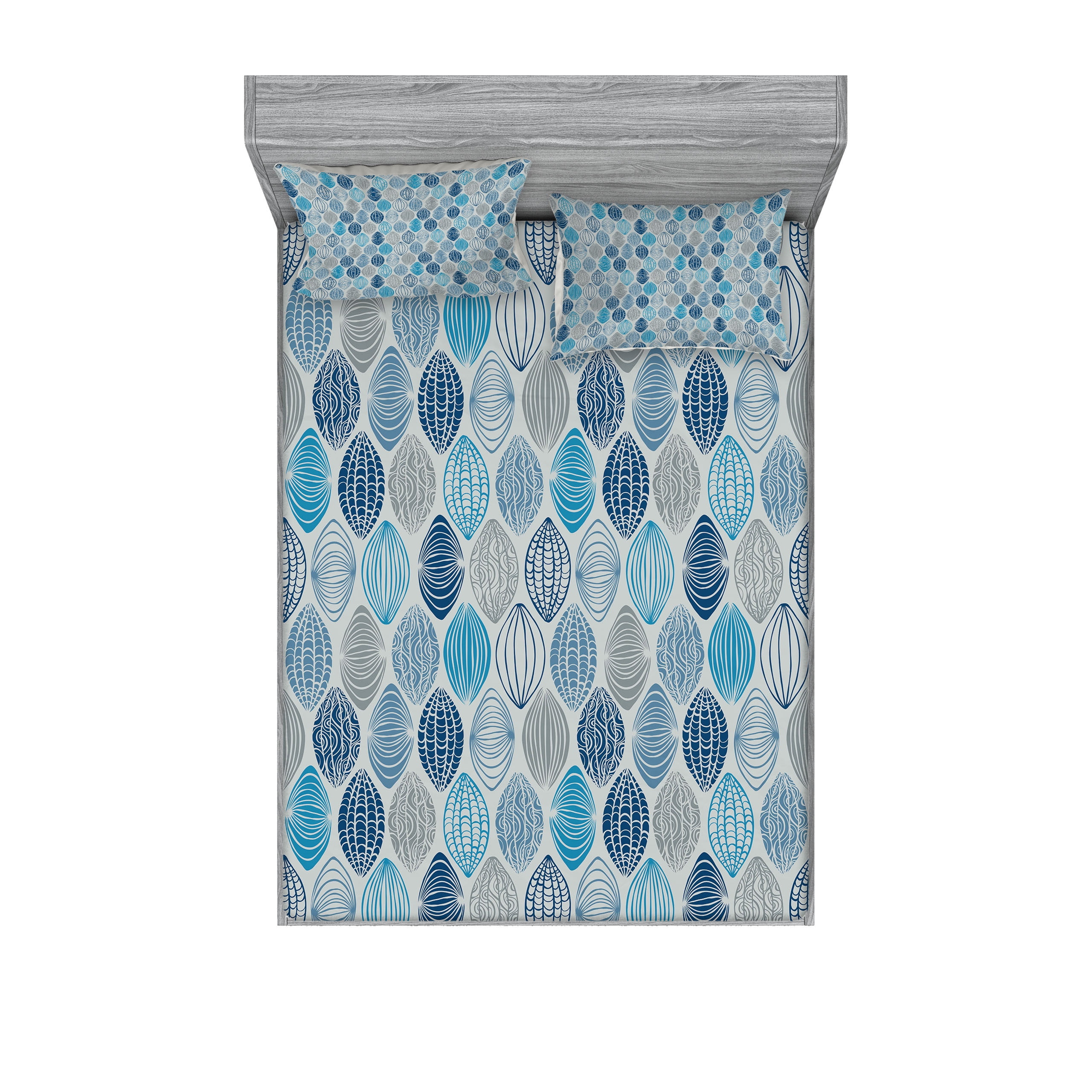 Grey Blue Fitted Sheet & Pillow Sham Set, Round Shapes with Swirls ...