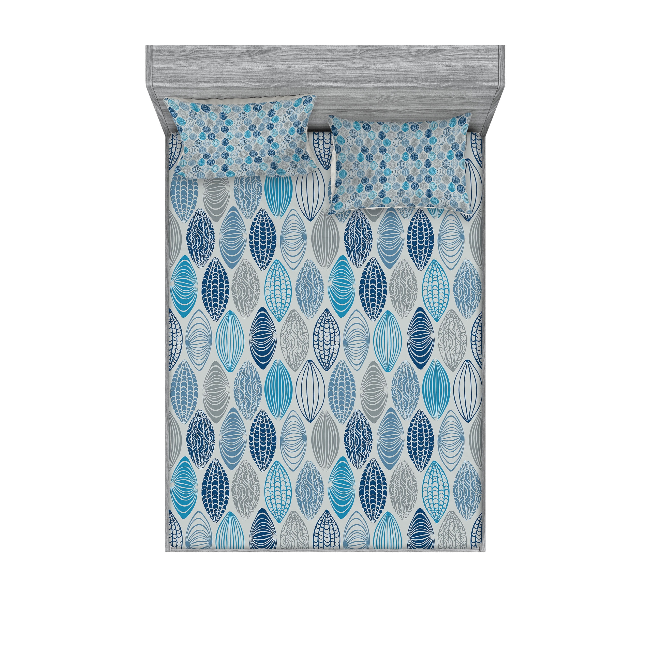 Grey Blue Fitted Sheet & Pillow Sham Set, Round Shapes with Swirls ...