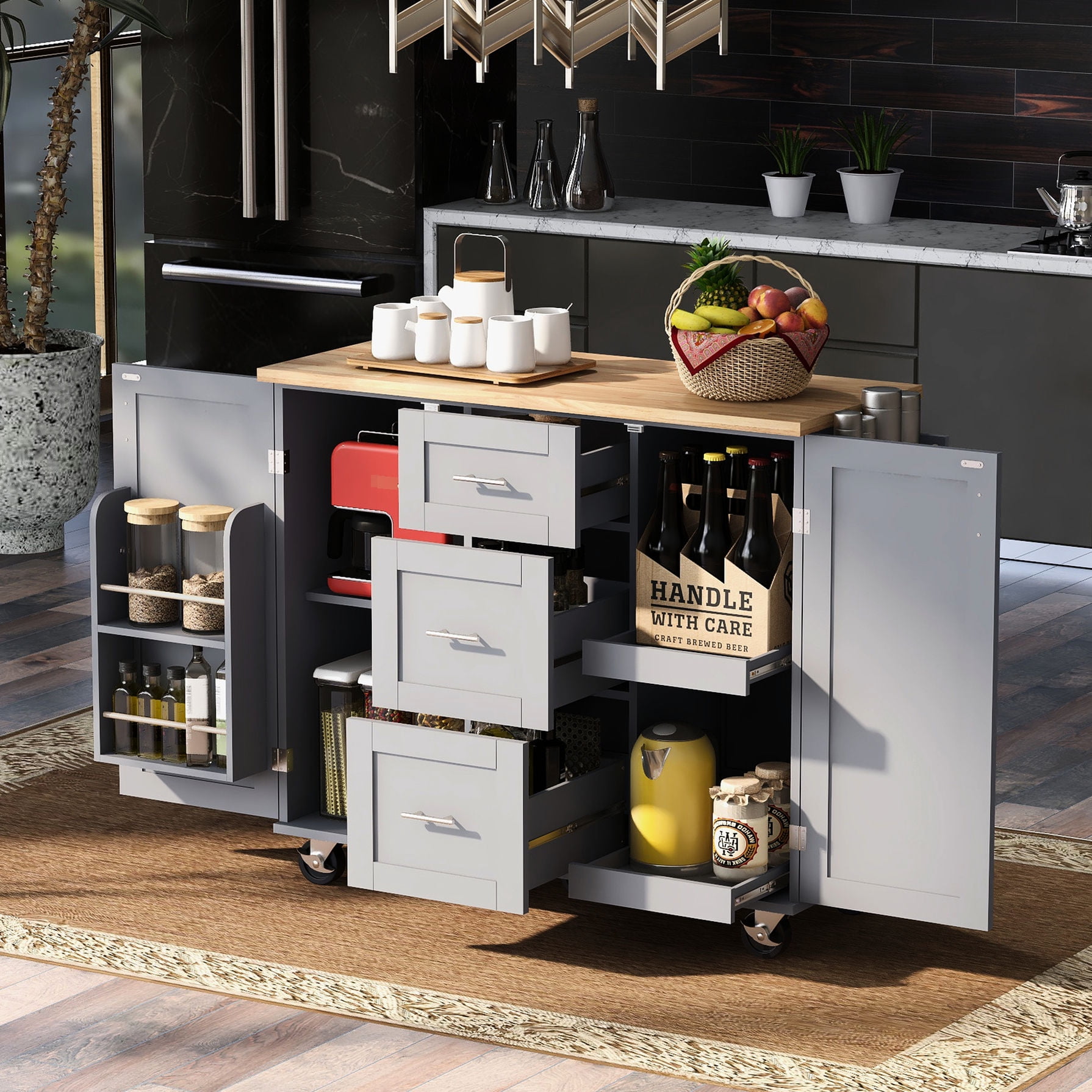 Grey Blue Kitchen Cart | High-Quality MDF, 2 Locking Wheels, Abundant ...