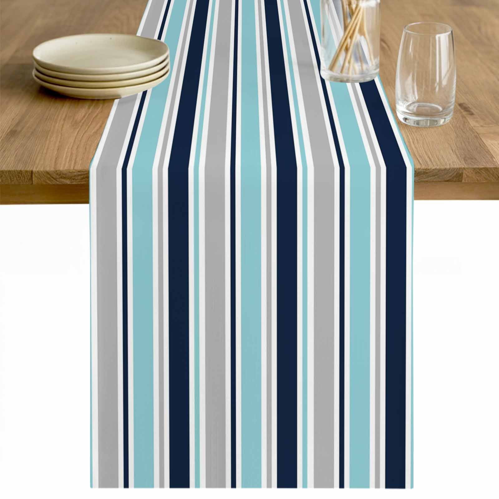 Grey Blue Striped Table Runner - 90 Inch Long Farmhouse Stripes ...