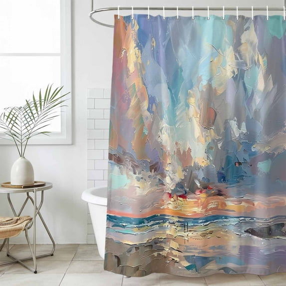 Grey Blue Teal Coastal Waterproof Fabric Shower Curtain,Oil Painting ...