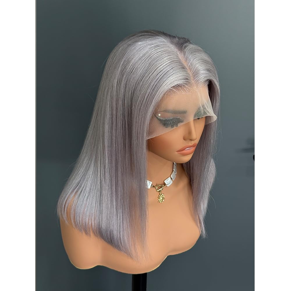 Grey Bob Wig Human Hair-Glueless13X4 HD Transparent Short Bob Lace ...