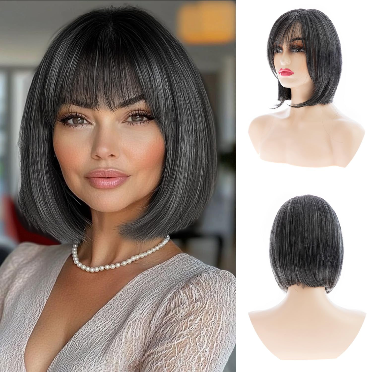 Grey Bob Wig Short Bob Natural Straight Hair Wig with Bangs Mix Gray ...