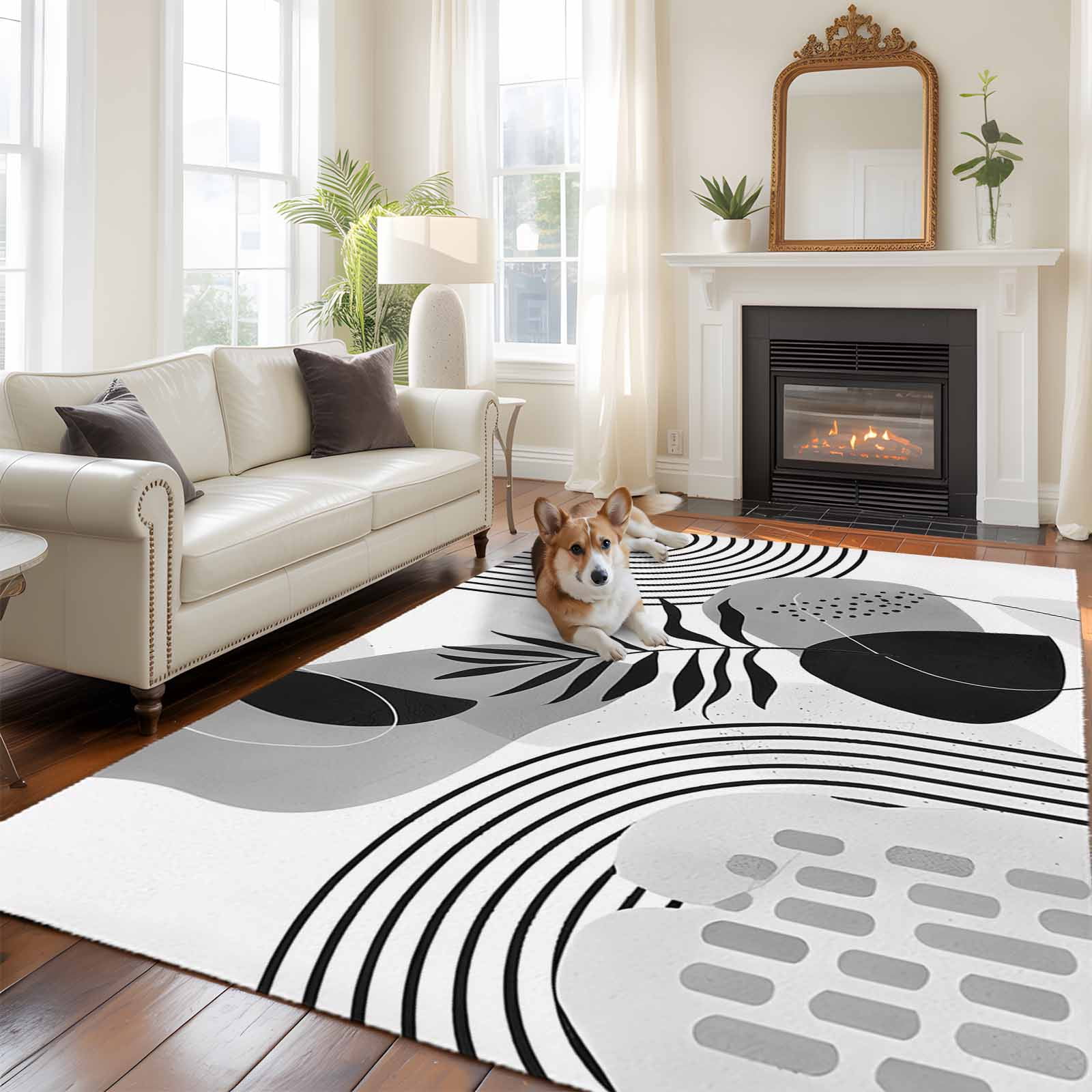 Grey Boho Large Area Rugs 6x9 ft Medieval Leaves Geometric Lines ...