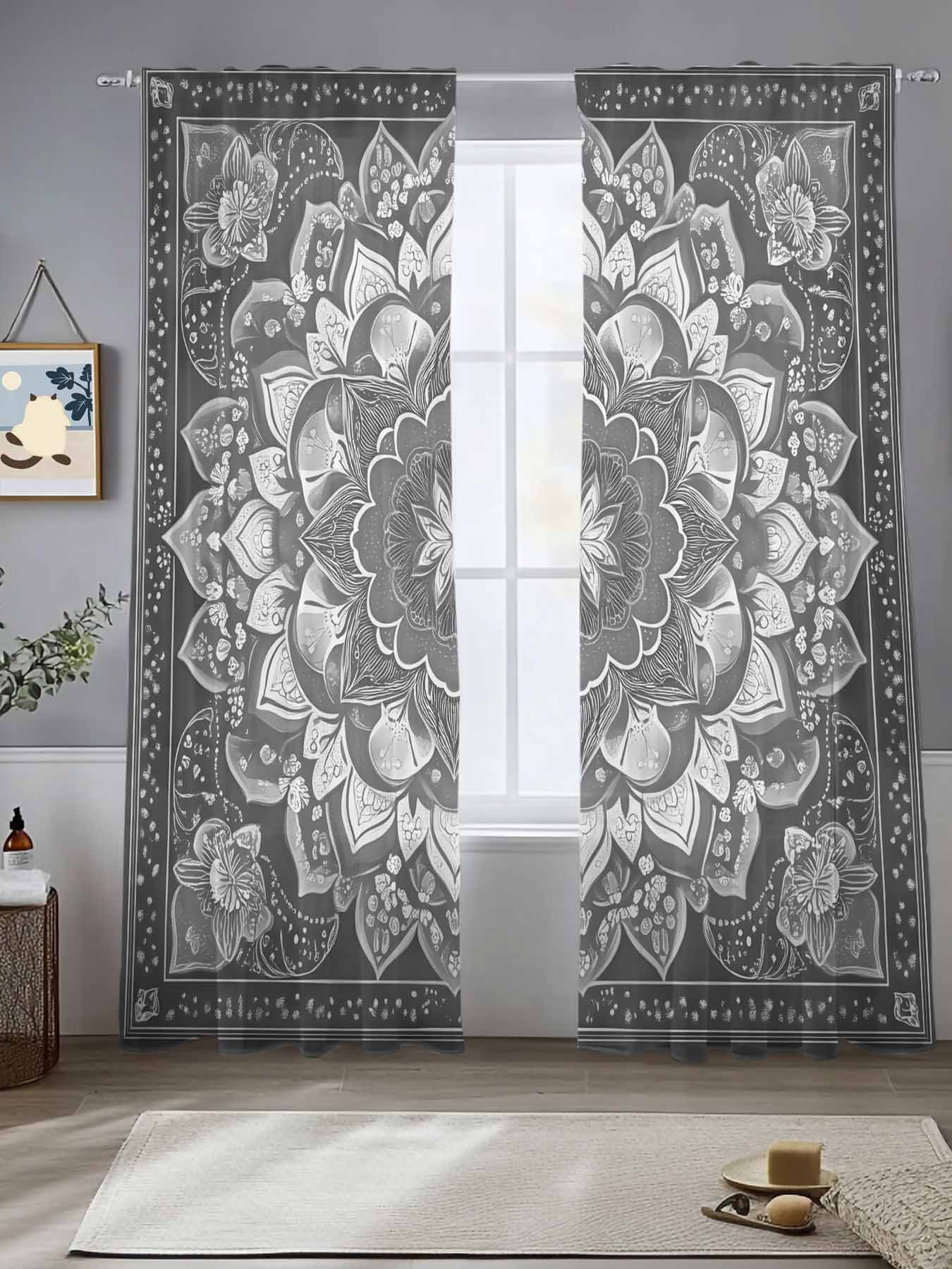 Grey Boho Sheer Curtains for Living Room Bedroom Abstract Floral ...