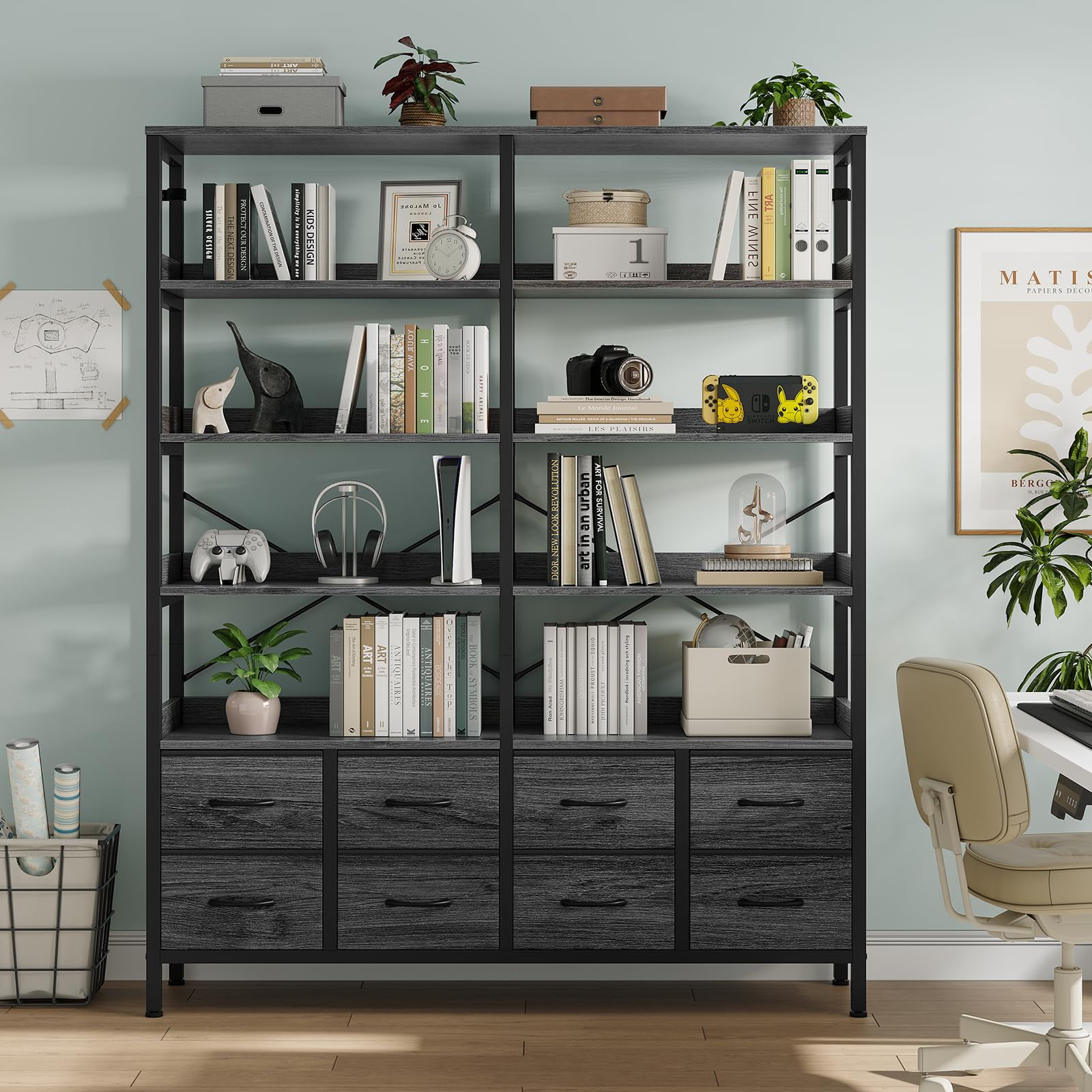 Grey Bookshelf for Living Room Home Office,7-Tier Bookcase with 8 ...