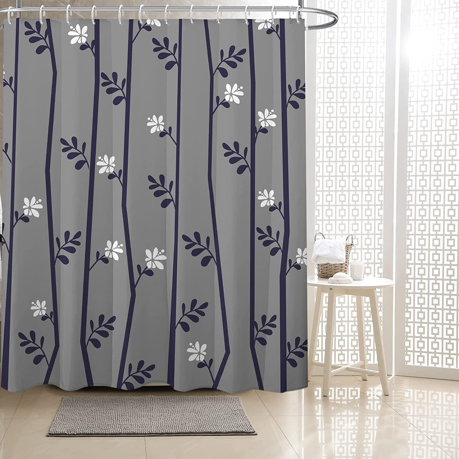 Grey Botanical Shower Curtain, White Floral Shower Curtains Set with ...