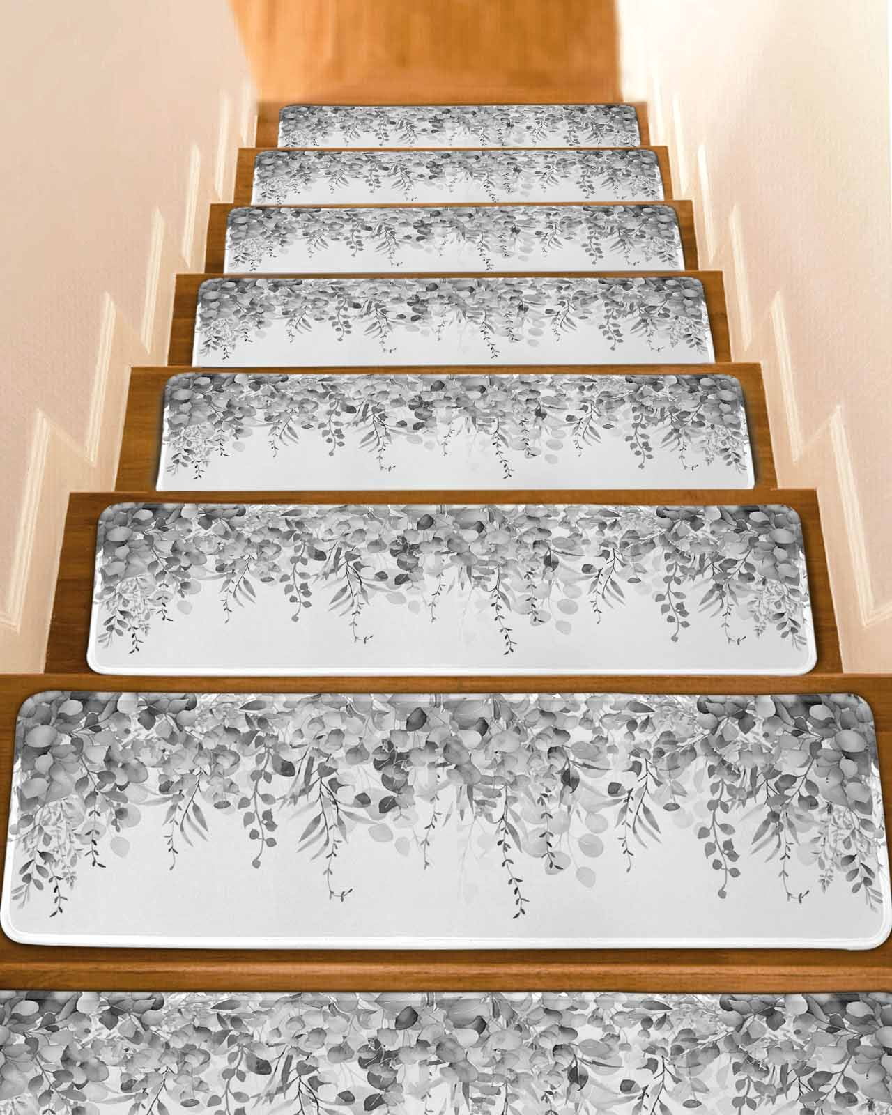 Grey Botanical Stair Treads for Wooden Steps Indoor Runner Rug Carpet ...