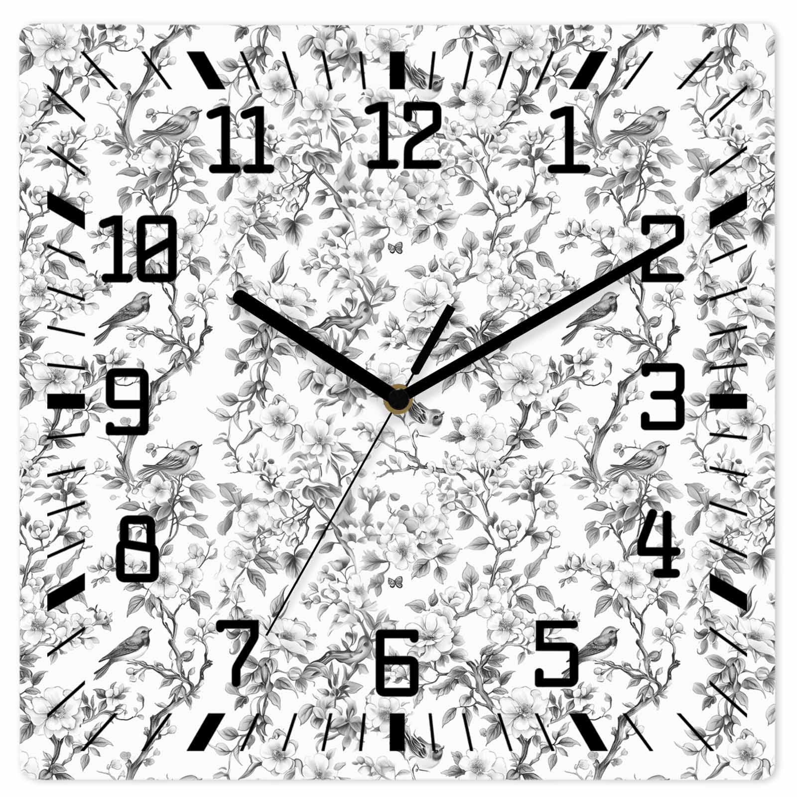 Grey Botanical Wooden Wall Clock Silent Non Ticking, Elegant Watercolor ...