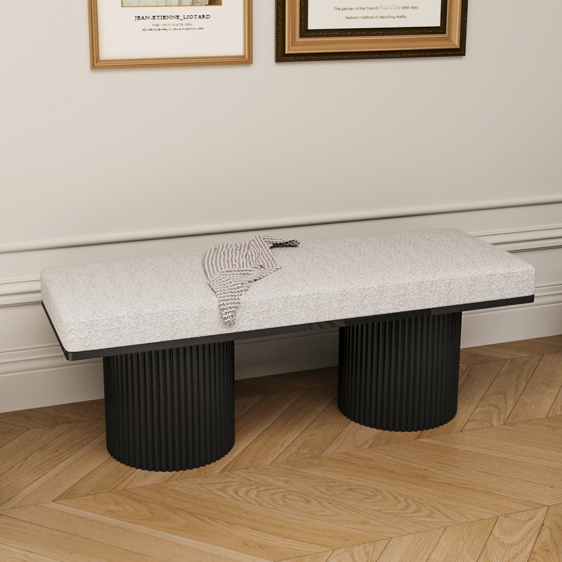 Grey Boucle Upholstered Bench With Black Legs - For Bedroom And Living ...