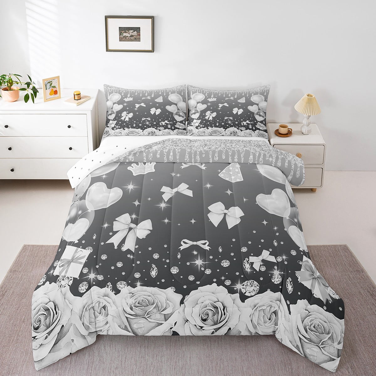 Grey Bow Comforter Set Queen Size,Gray Floral Rose Bedding Set Gifts ...
