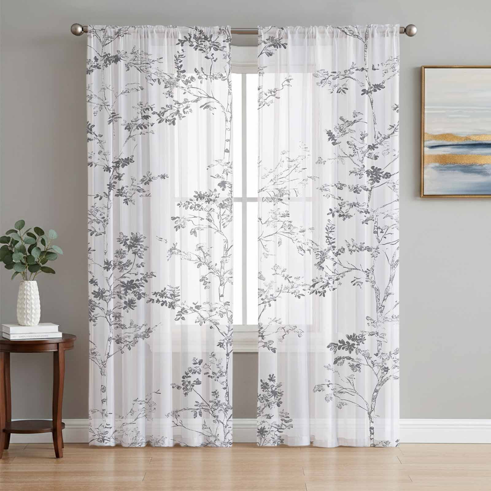 Grey Branches Forest Sheer Curtains 84 Inch Length 2 Panels Set, Gray ...