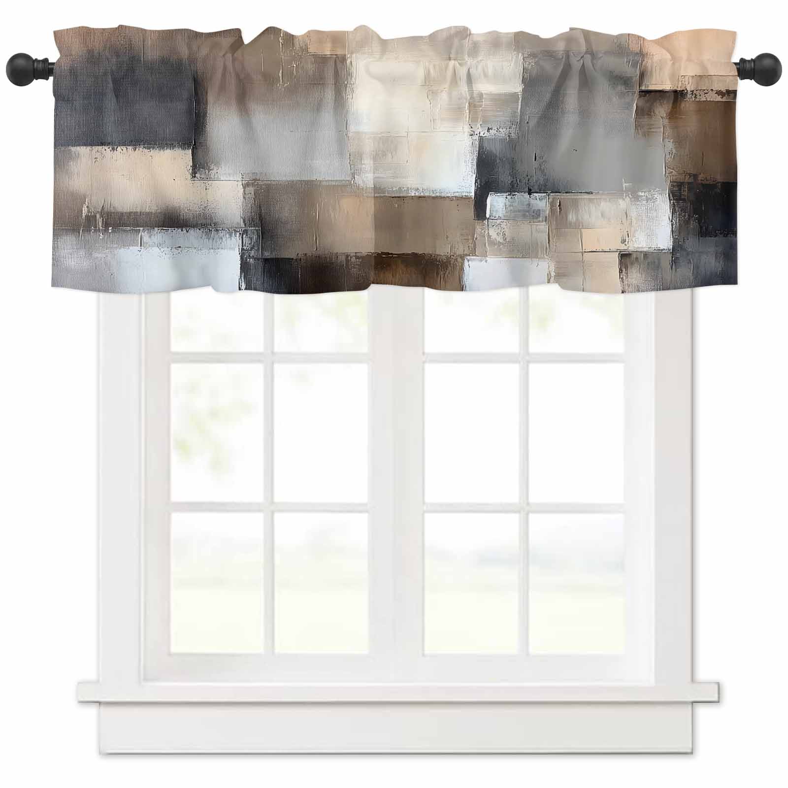 Grey Brown Abstract Valances for Windows Farmhouse Kitchen Curtains ...