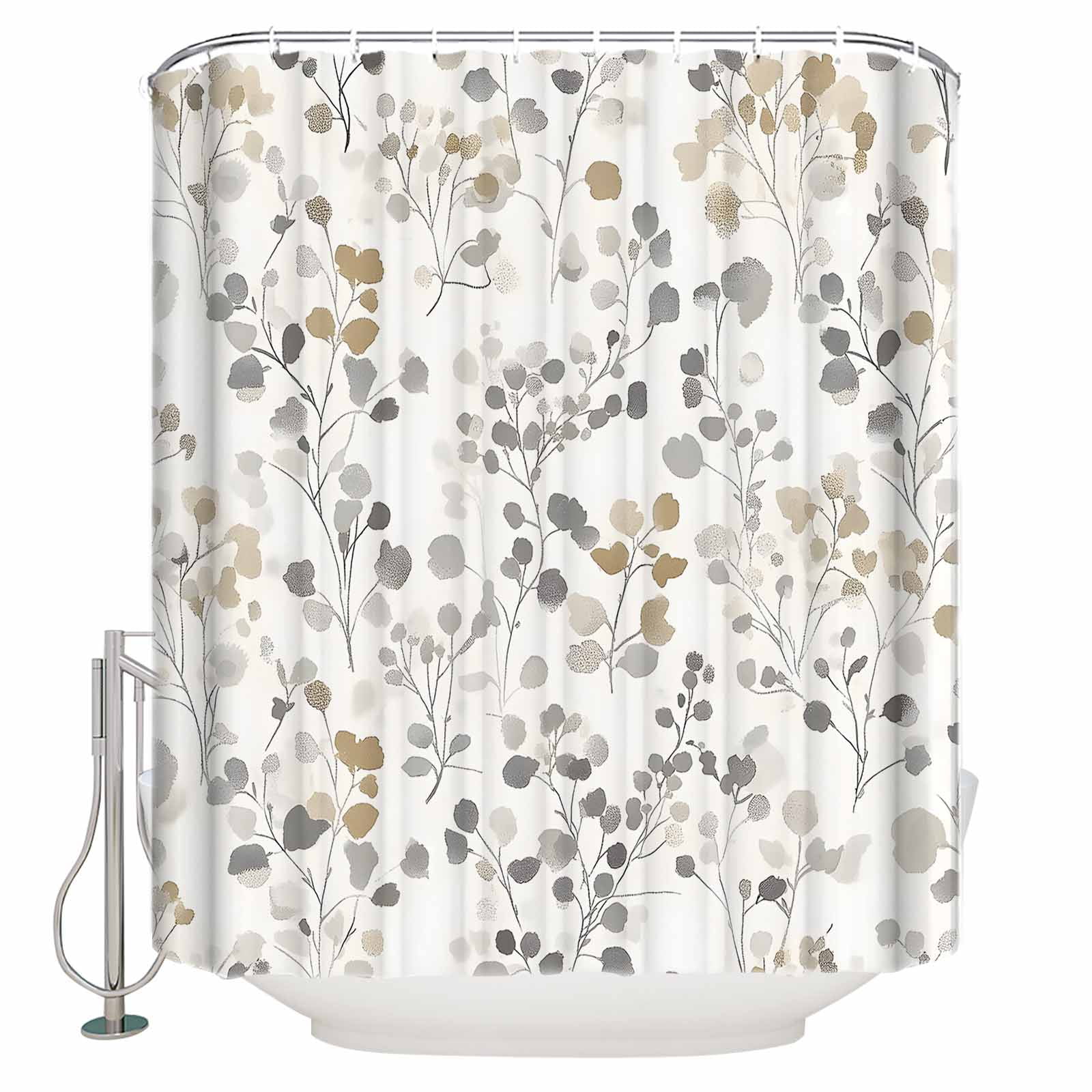 Grey Brown Botanical Bathroom Shower Curtains with 12 Hooks Polyester ...