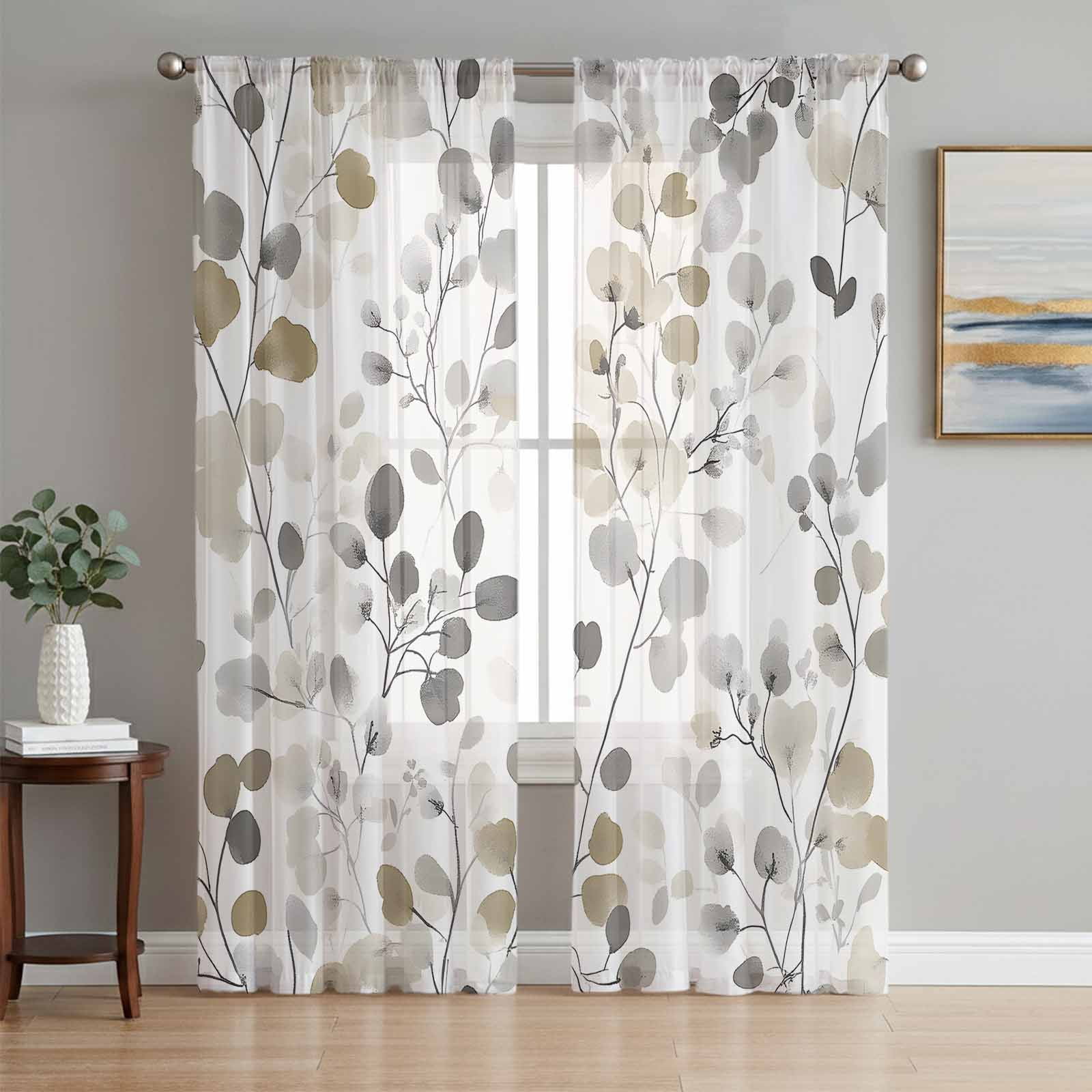 Grey Brown Botanical Sheer Curtains 72 Inch Length 2 Panels Set ...