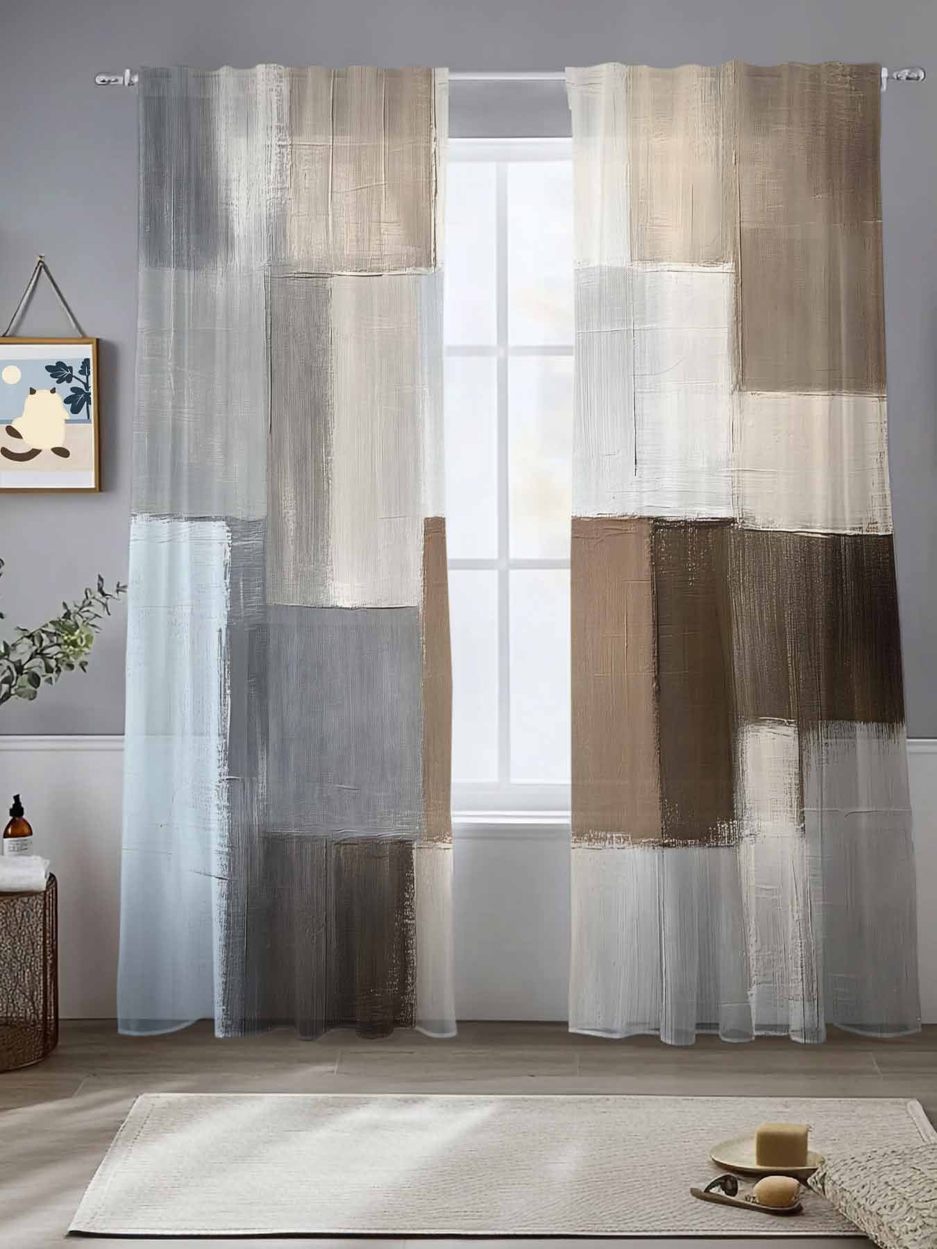 Grey Brown Color Blocks Sheer Curtains for Living Room Bedroom Abstract ...