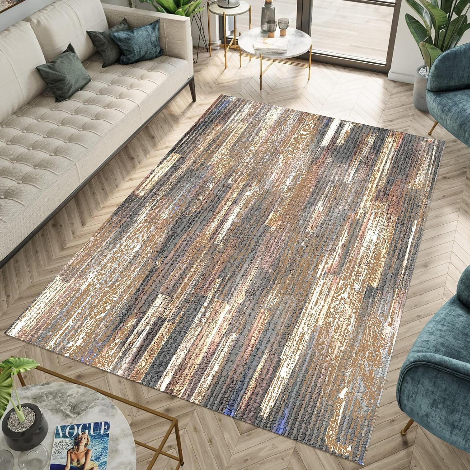 Grey Brown Striped Area Rugs, Abstract Pattern Indoor Area Rug, Vintage ...