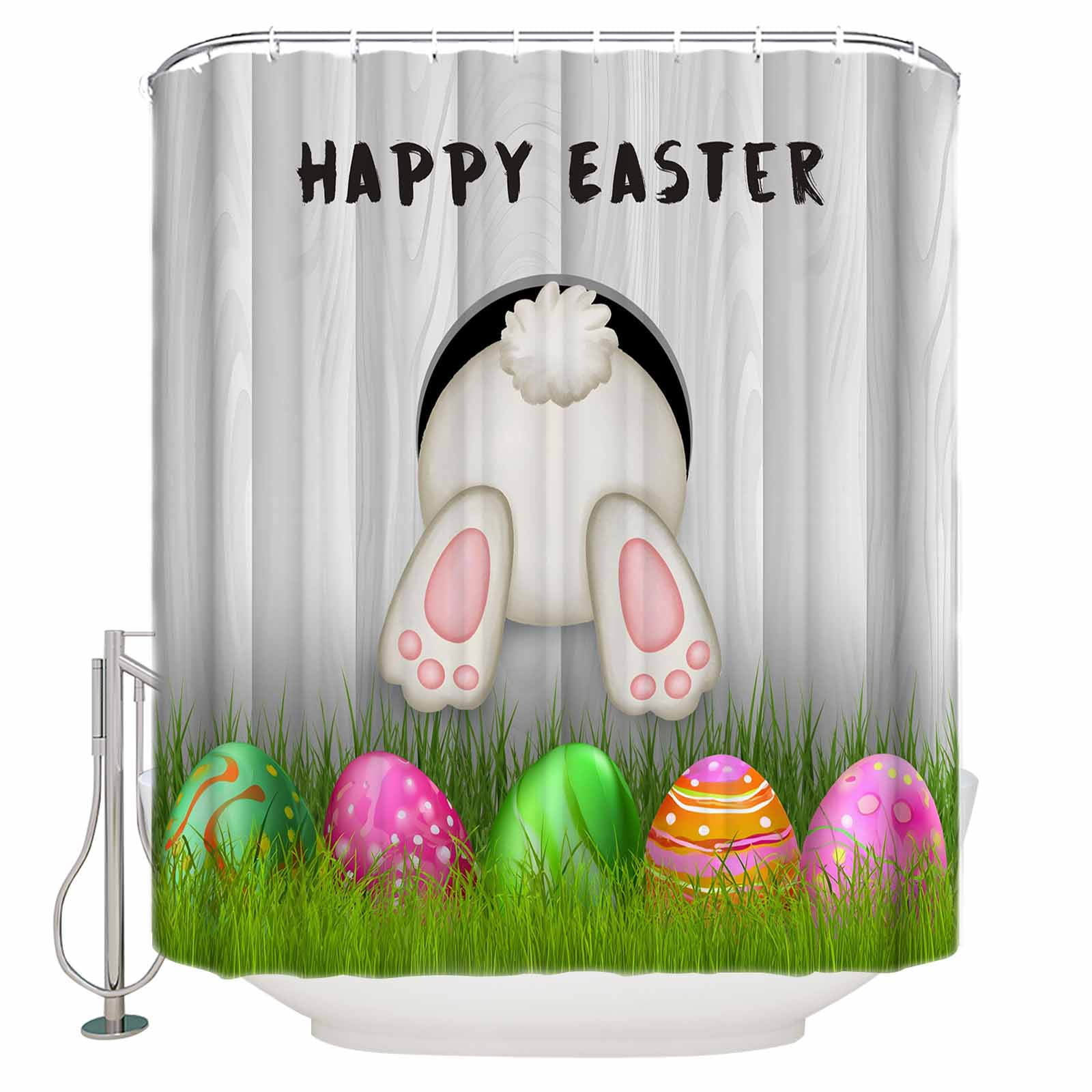 Grey Bunny Easter Bathroom Shower Curtains with 12 Hooks Polyester ...