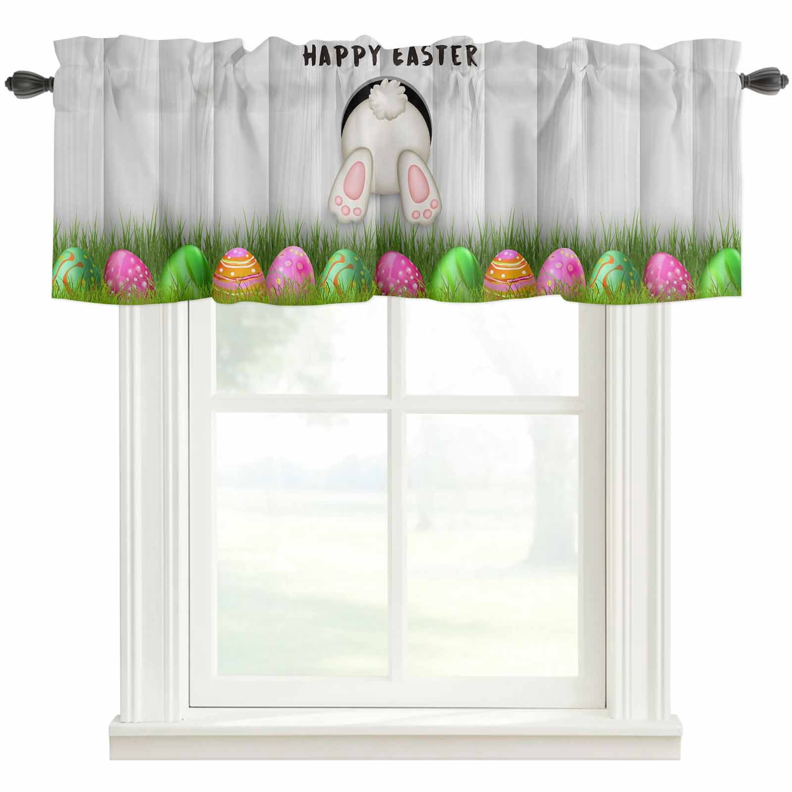 Grey Bunny Easter Rod Pocket Curtain Valance, Green Pink Eggs Rabbits ...