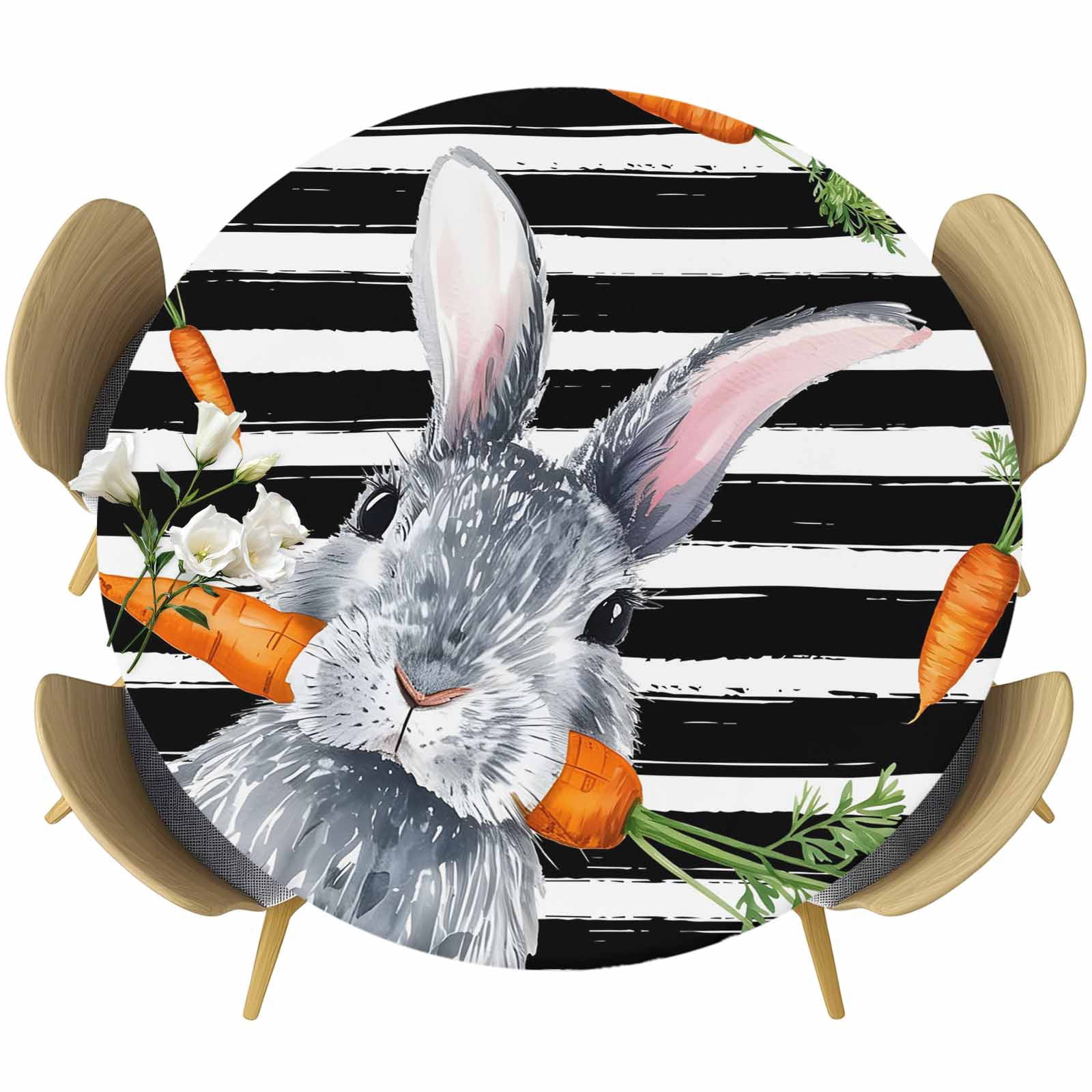 Grey Bunny Easter Round Tablecloth, Fitted Table Cover with Elastic for ...