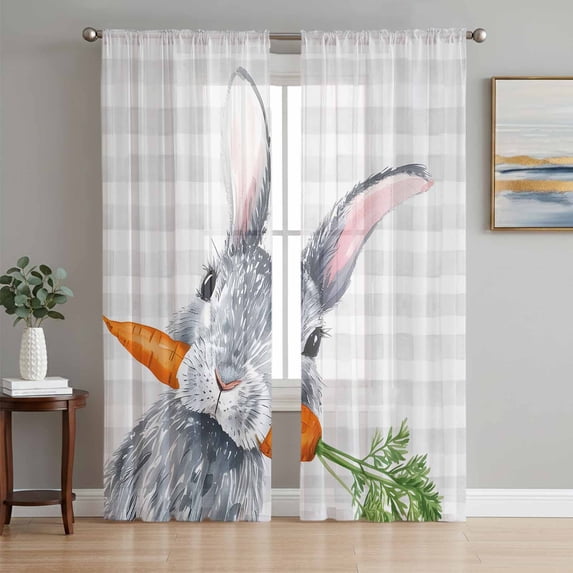 Grey Bunny Easter Sheer Curtains 96 Inch Length 2 Panels Set, Rabbits ...