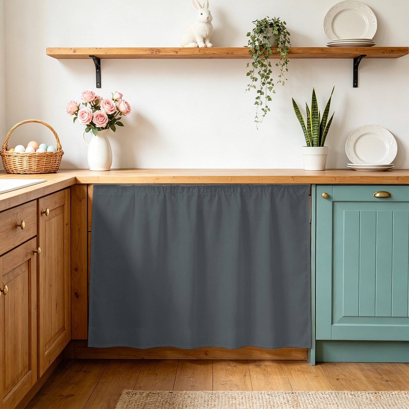 Grey Cabinet Curtains 11" W x 13" L, Pure Solid Color Simple Turquoise ...