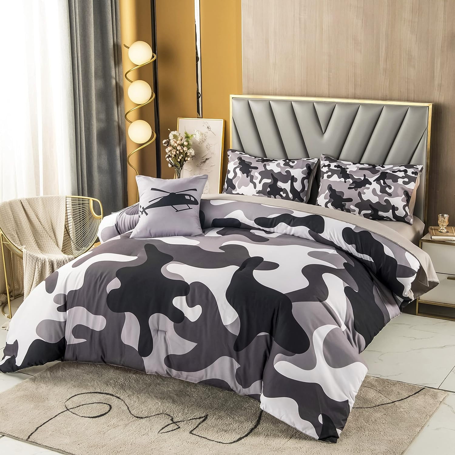 Grey Camo Comforter Bedding Set, 6 Pcs Queen Size with Camouflage ...