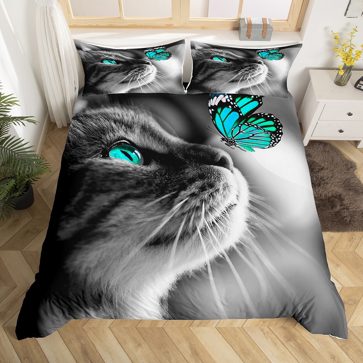 Grey Cat Bedding Set Full,Butterfly Duvet Cover for Kids Child Rustic ...