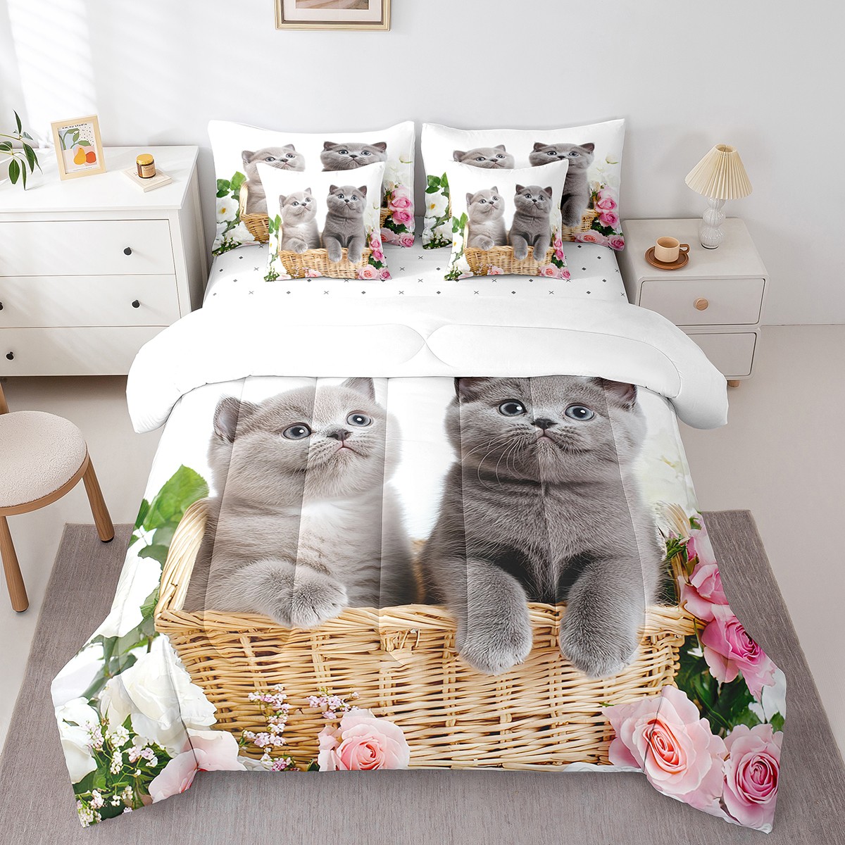 Grey Cat Comforter Set 7 Piece Bed in a Bag Twin,Lovely 3D Kitten ...