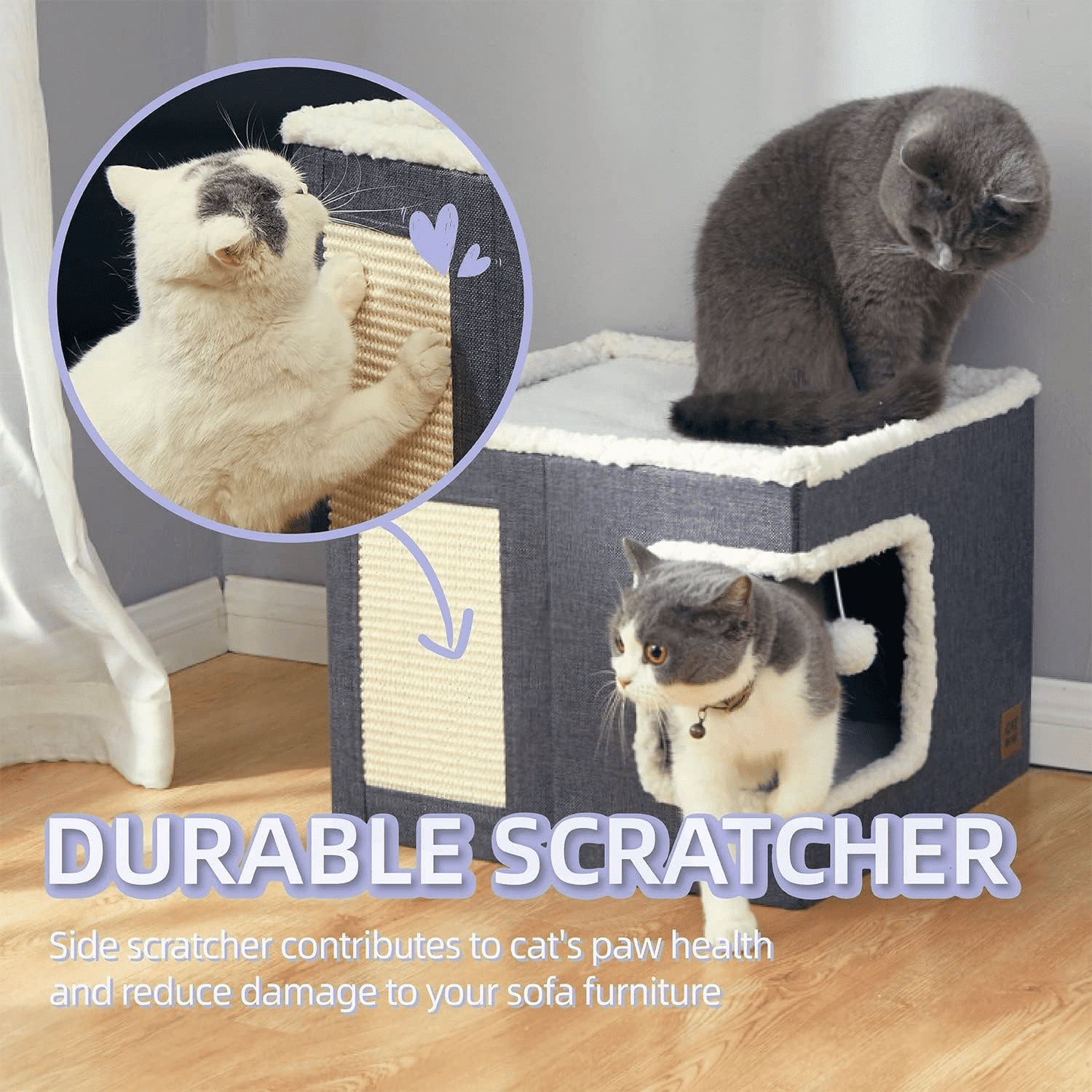 Grey Cat Cube Bed, Covered Cave with Scratch Pad/Hideaway Tent, for ...