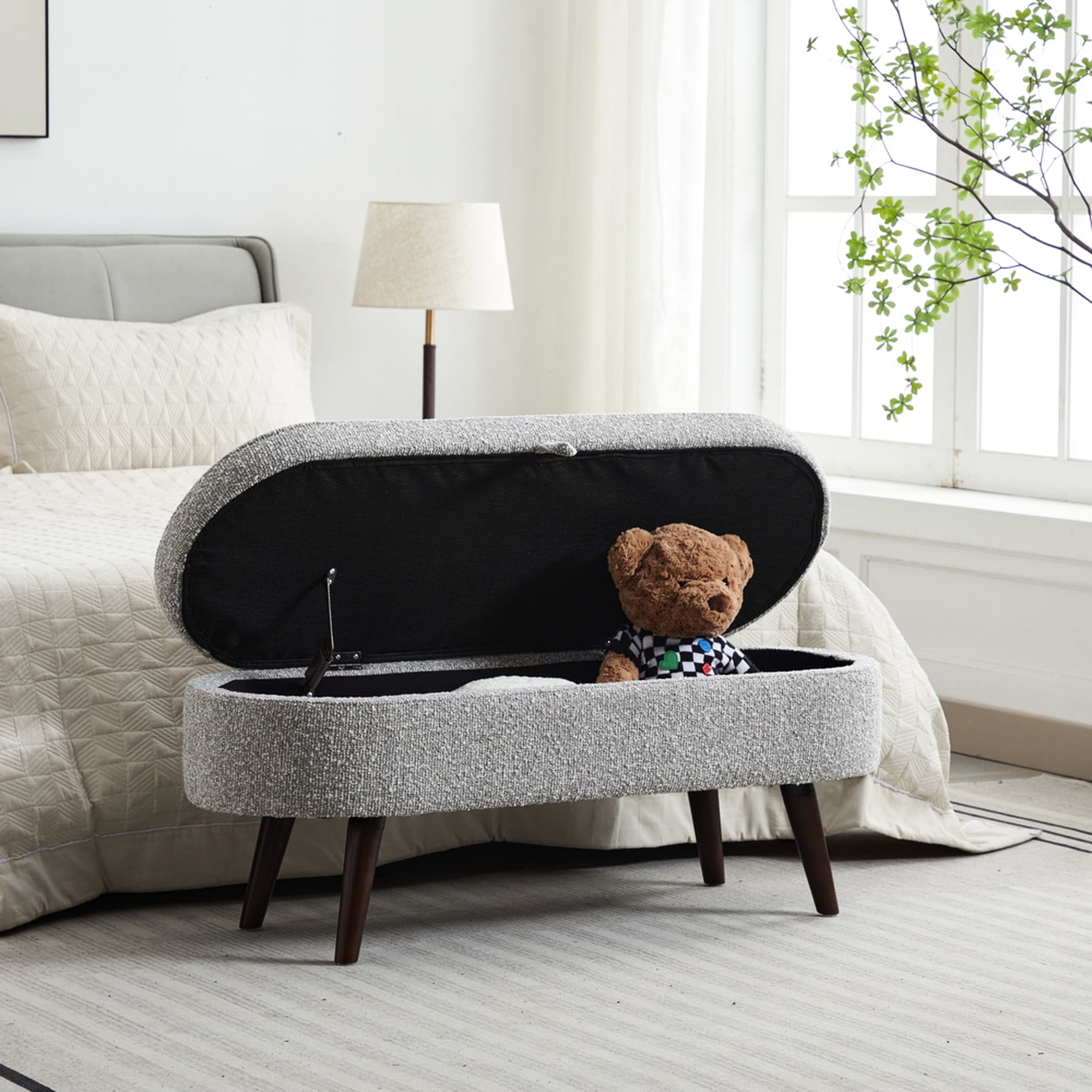 Grey Chenille Bench-style Storage Ottoman with Wood Legs - Versatile ...