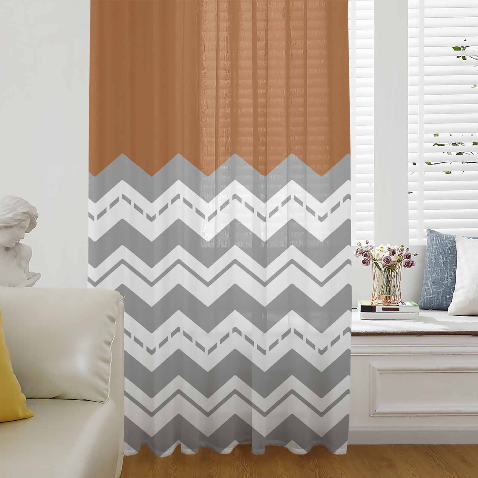 Grey Chevron Window Curtain 63 Inches Long,Geometric Orange Print Wavy ...