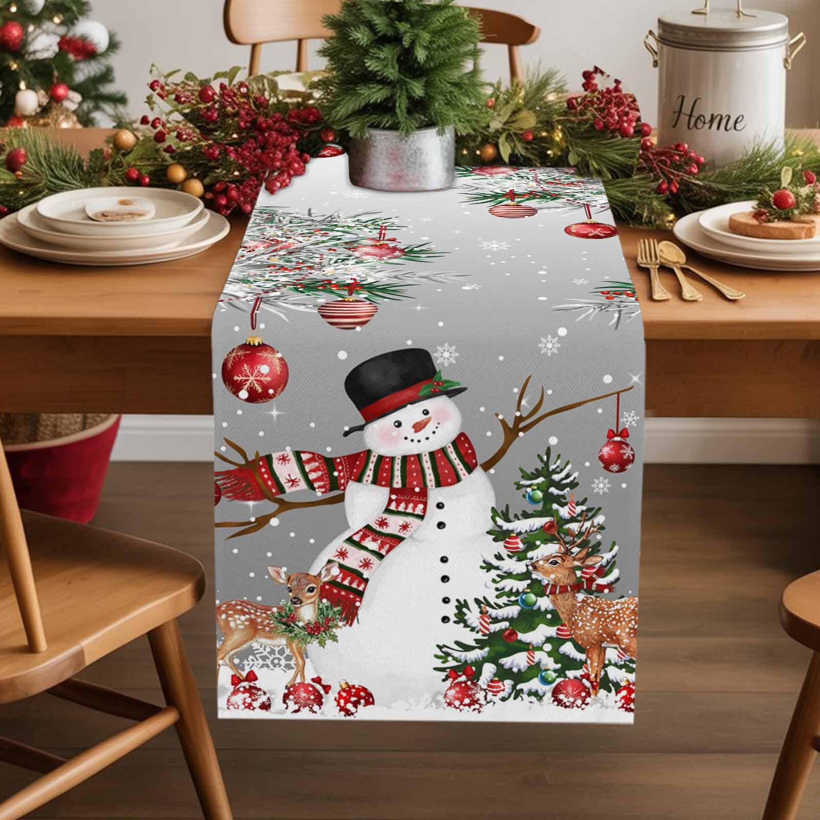 Grey Christmas Cotton Linen Table Runner 13 x 90 inch Snowman Xmas Tree ...