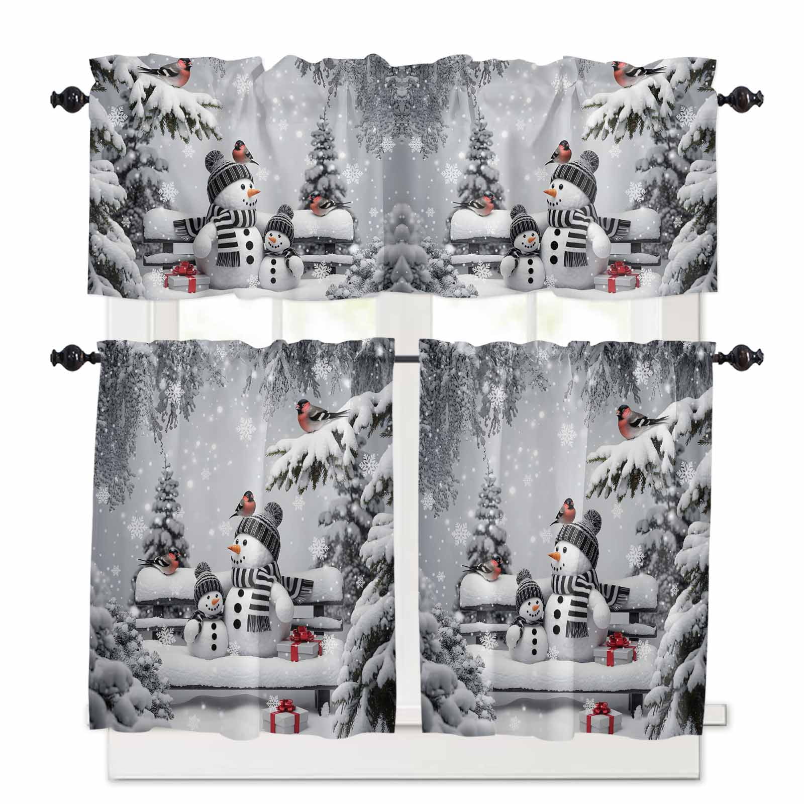 Grey Christmas Kitchen Curtains Valances and Tiers Set of 3 Snowman ...