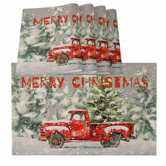 Grey Christmas Red Truck Xmas Tree Snowflake Burlap Kitchen Place Mats ...