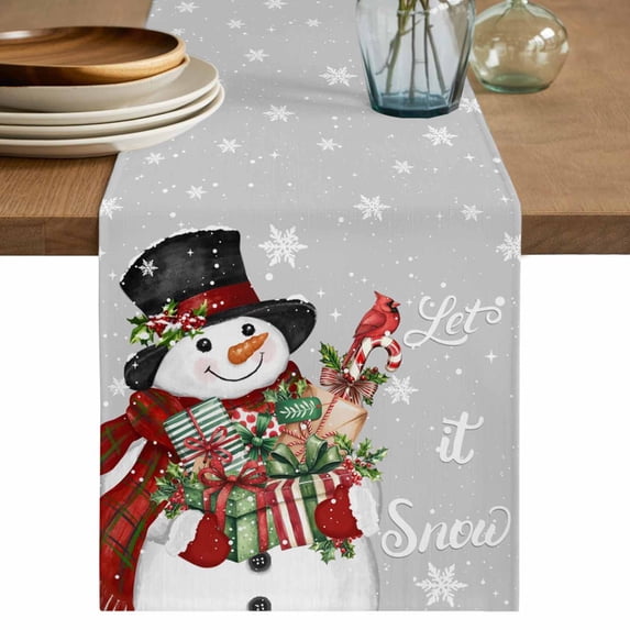 Grey Christmas Snowman Table Runner 36 Inches, Xmas Botanical Birds ...