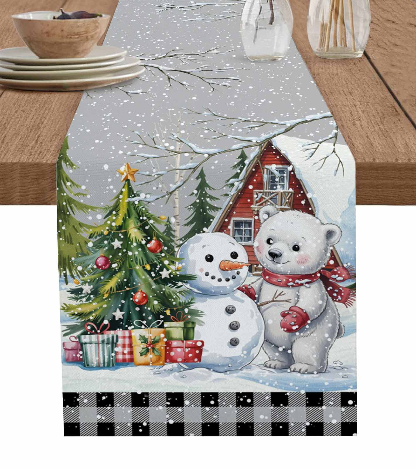Grey Christmas Table Runner 108 Inches, Xmas Tree Snowman Bear Snowfall ...