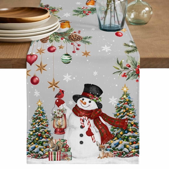 Grey Christmas Table Runner 36 Inches, Snowman Xmas Tree Ball Snowflake ...