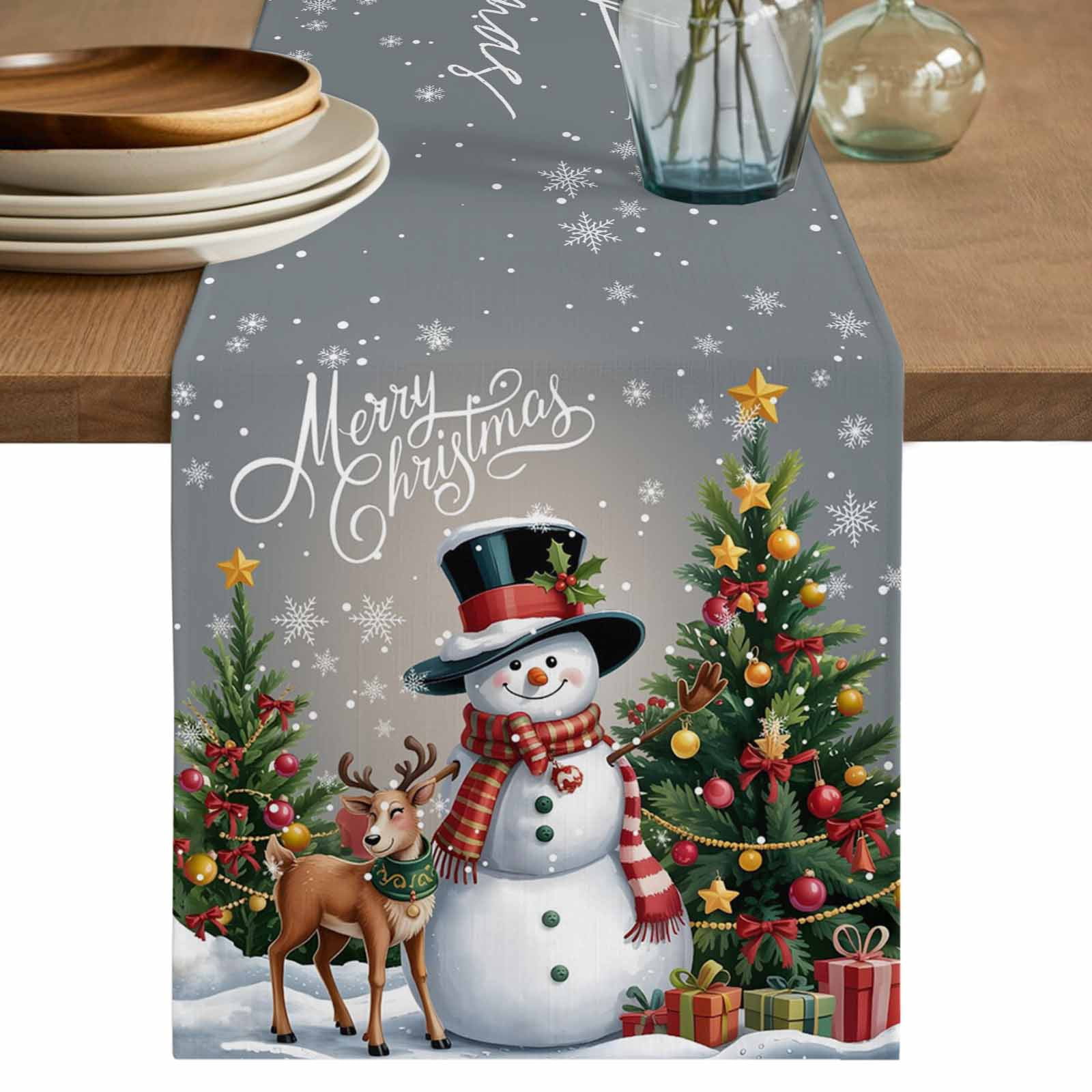 Grey Christmas Table Runner 48 Inches, Snowman Xmas Tree Snowflake ...