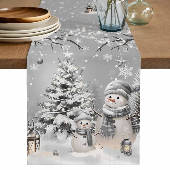 Grey Christmas Table Runner 72 Inches, Snowman Snowflake Xmas Tree ...