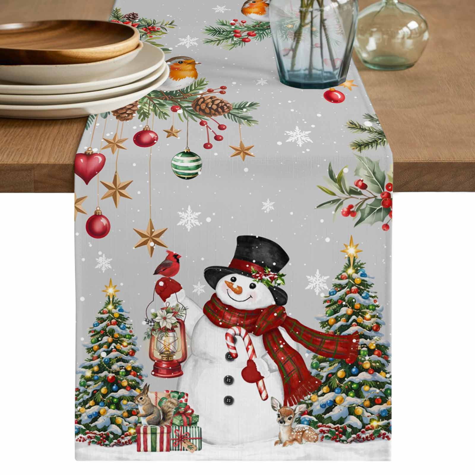 Grey Christmas Table Runner 90 Inches, Snowman Xmas Tree Ball Snowflake ...
