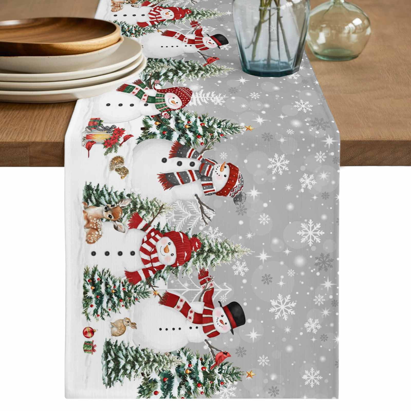 Grey Christmas Table Runner 90 Inches, Snowman Xmas Tree Snowflake ...