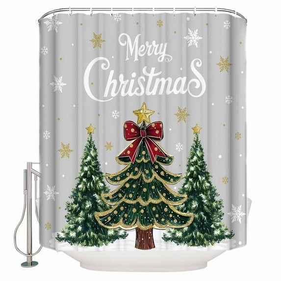 Grey Christmas Tree Bathroom Shower Curtains with 12 Hooks Polyester ...