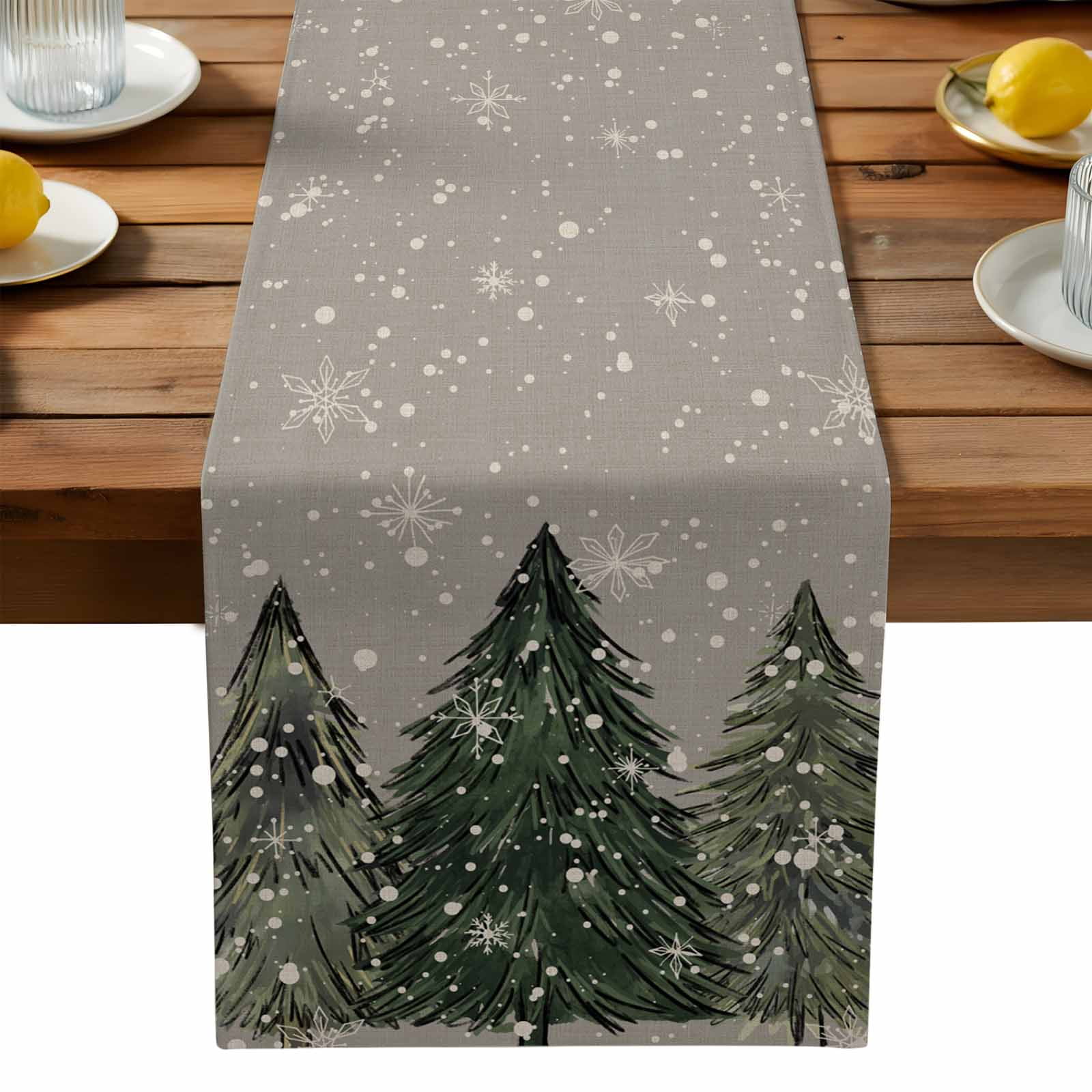 Grey Christmas Tree Cotton Linen Table Runner for Dining Kitchen, Green ...