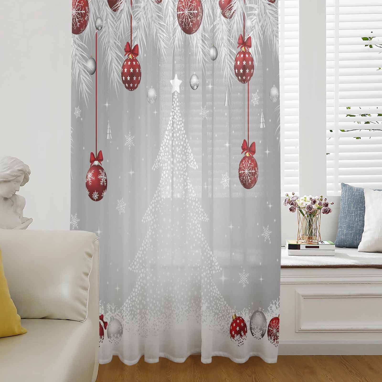 Grey Christmas Tree Semi Sheer Curtains Drapes for Living Room,Bedroom ...