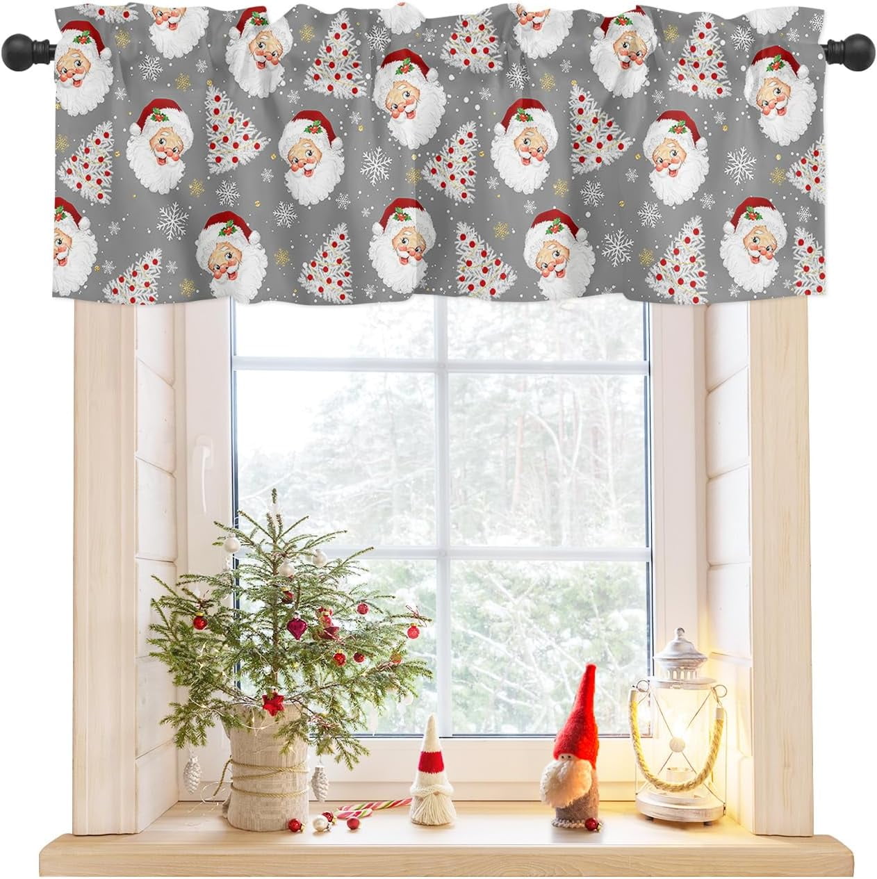 Grey Christmas Valance Curtains for Kitchen Windows Santa Claus Merry ...