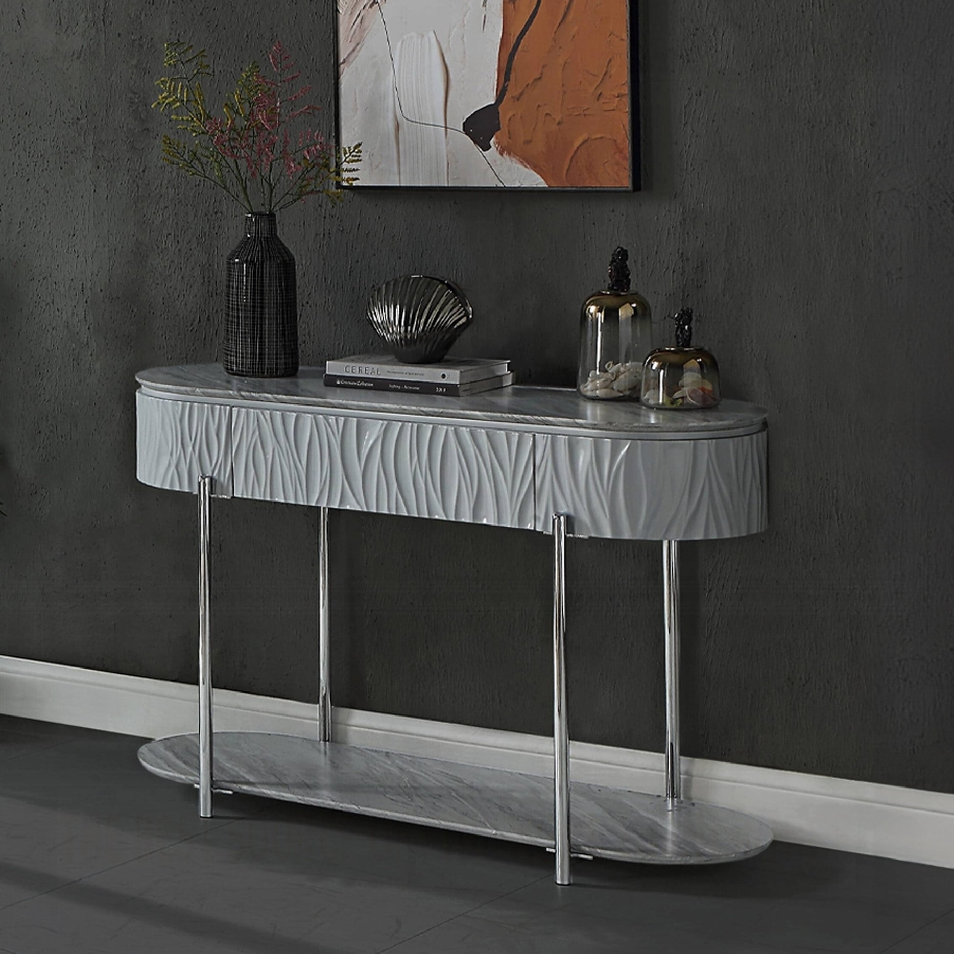 Grey Chrome High Gloss Finish, Oval Design Sofa Table - Enhances Modern ...