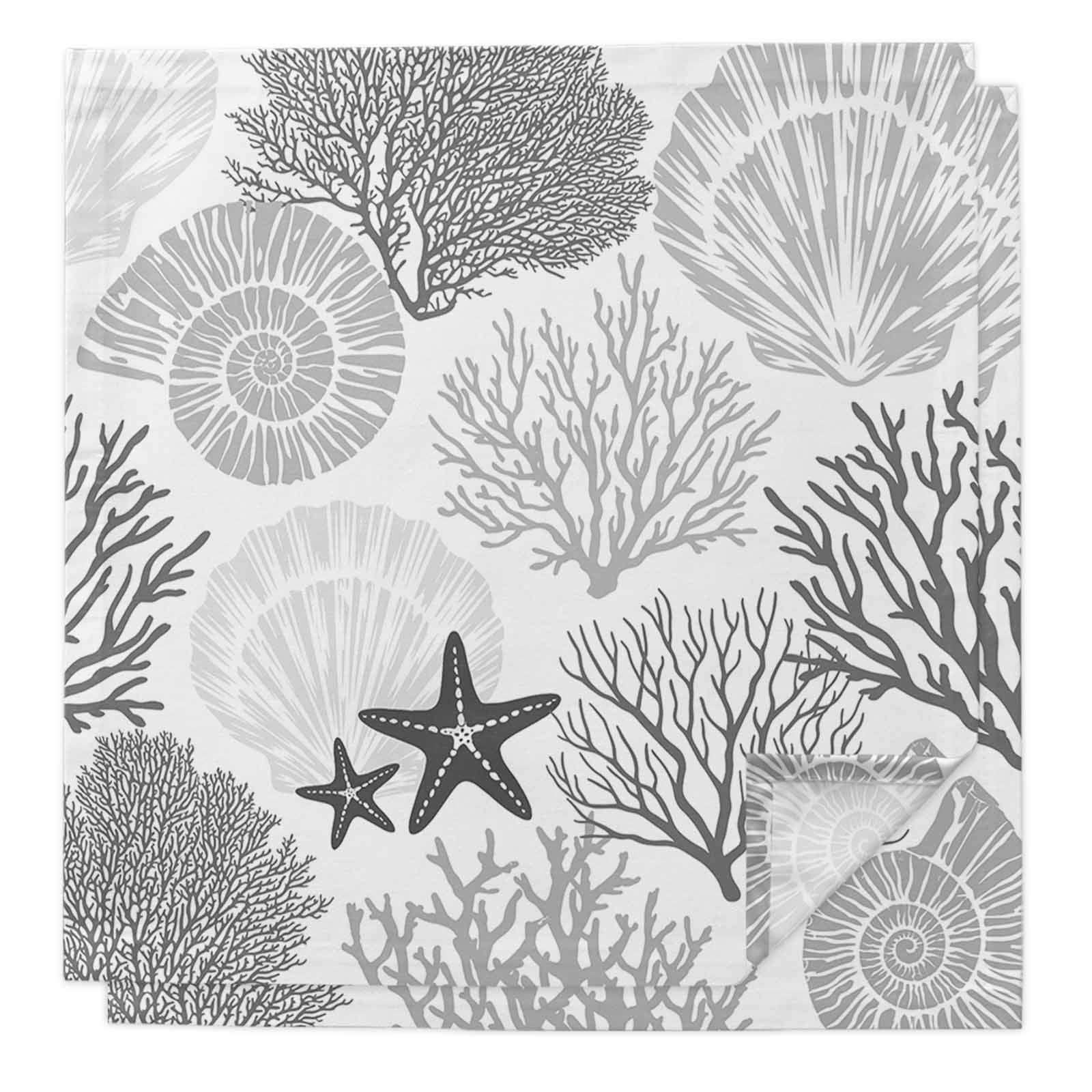 Grey Coastal Cloth Napkins Washable Set of 2, Ocean Coral Starfish ...