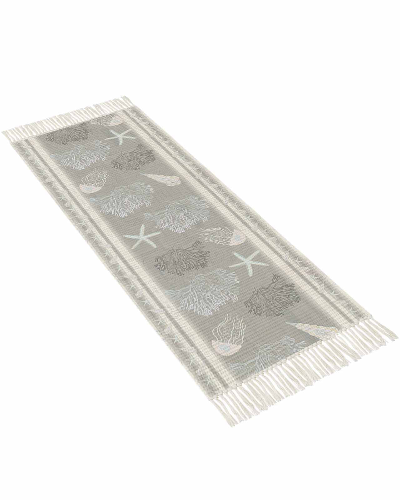 Grey Coastal Coral Kitchen Runner Rug 2'x4', Washable Woven Cotton Area ...