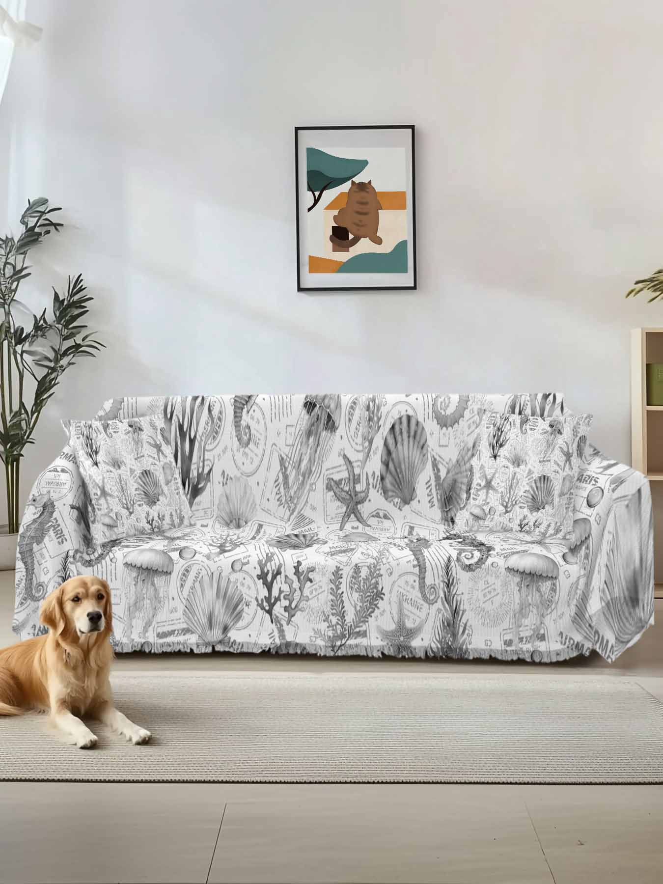 Grey Coastal Couch Cover for 2 Cushion Sofa, Summer Coral Shell Sea ...